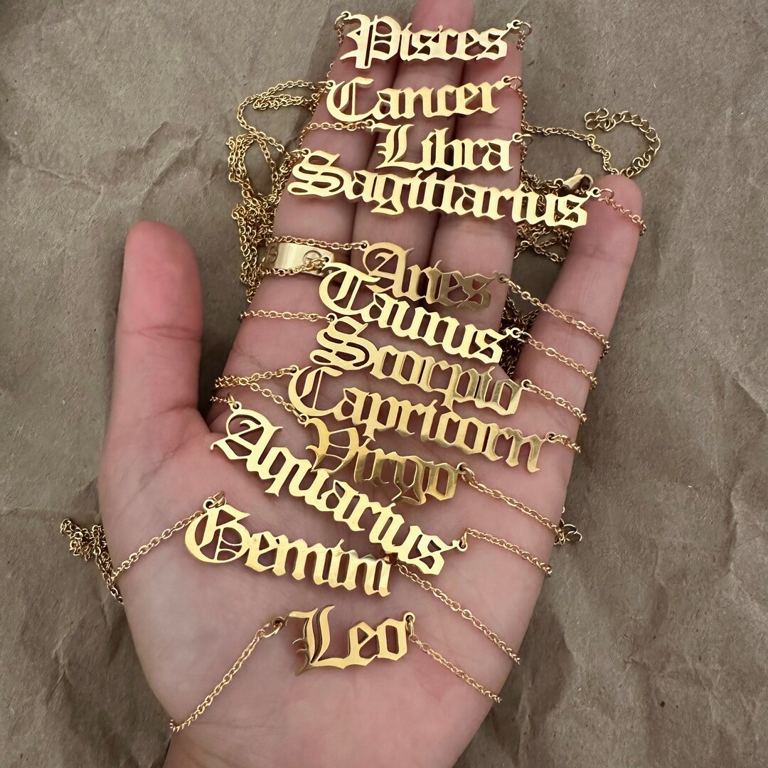 Zodiac Sign Necklace, Birth Month Sign, Old English Zodiac Necklace ...