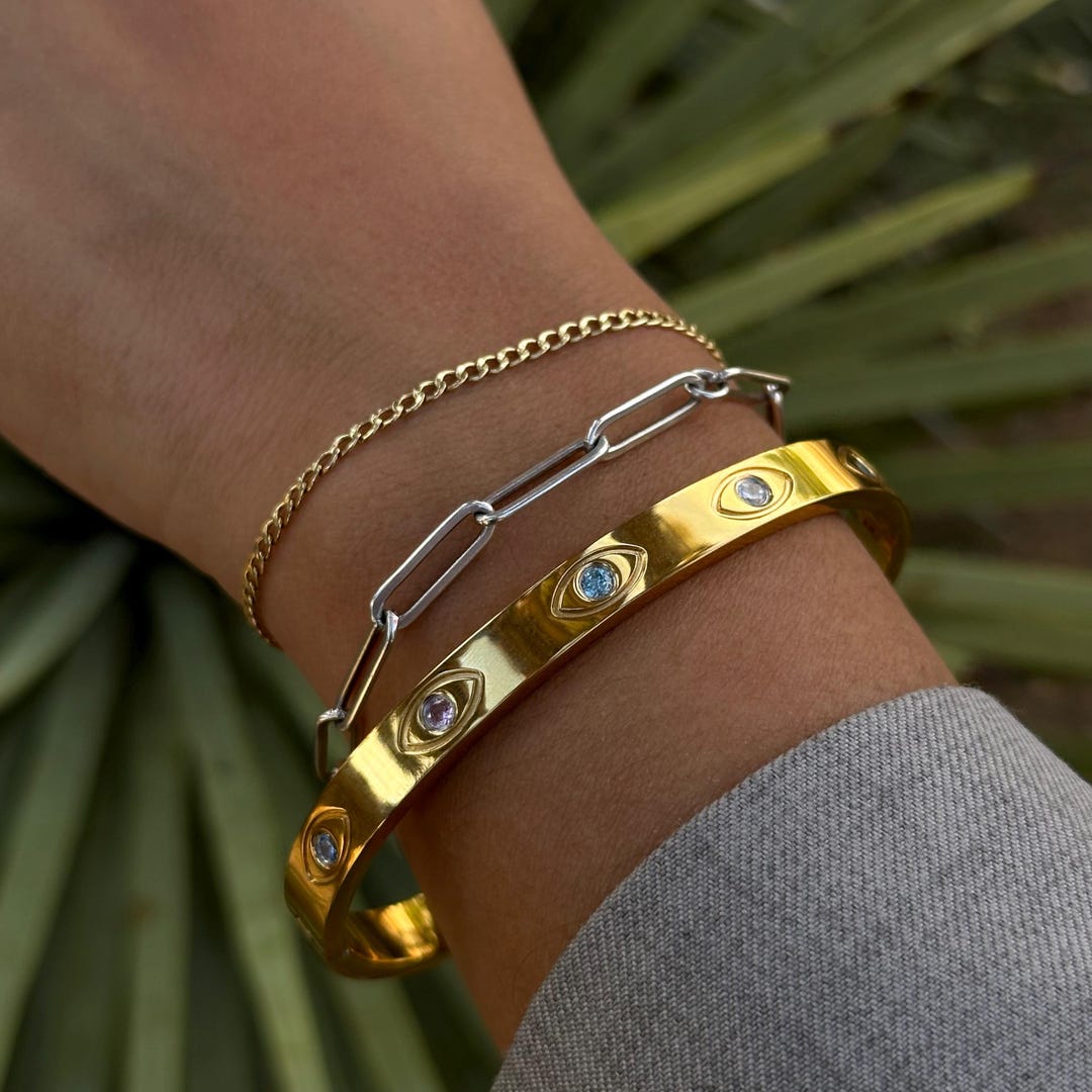 Evil Eye Bangle Bracelets, Gold Stacking Bracelets, 18K Gold Bangle ...