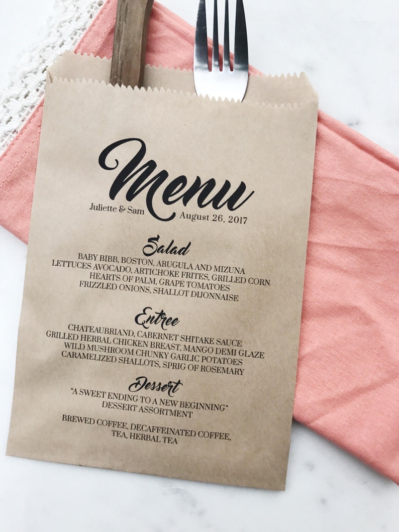 Custom Wedding Menu Dinner Bags Printed to Hold Bread or | Etsy