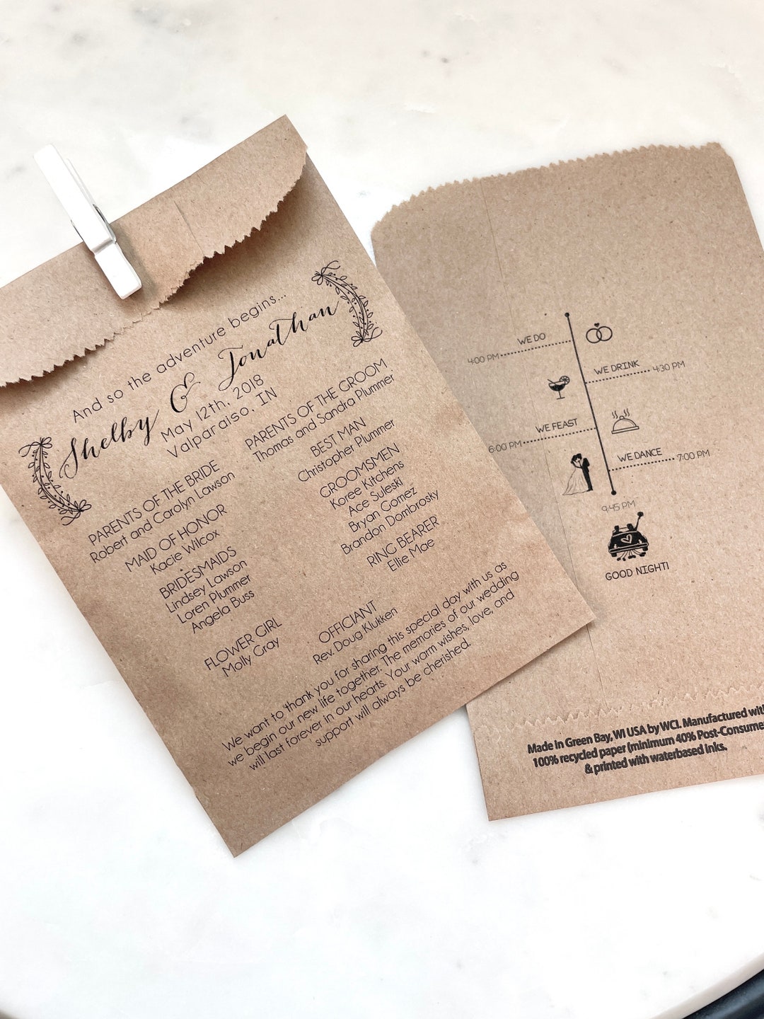 Wedding Program Bags Bar Timeline Program Bags Custom Printed on Kraft ...