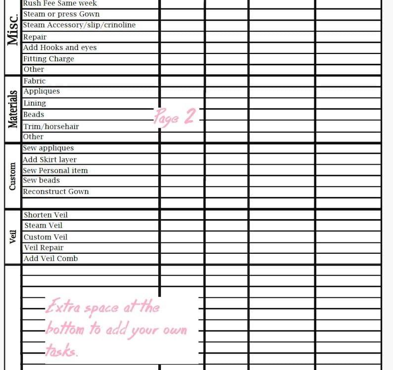 Bridal Alterations Price List Template: Fillable Sewing Task Sheet - Etsy
