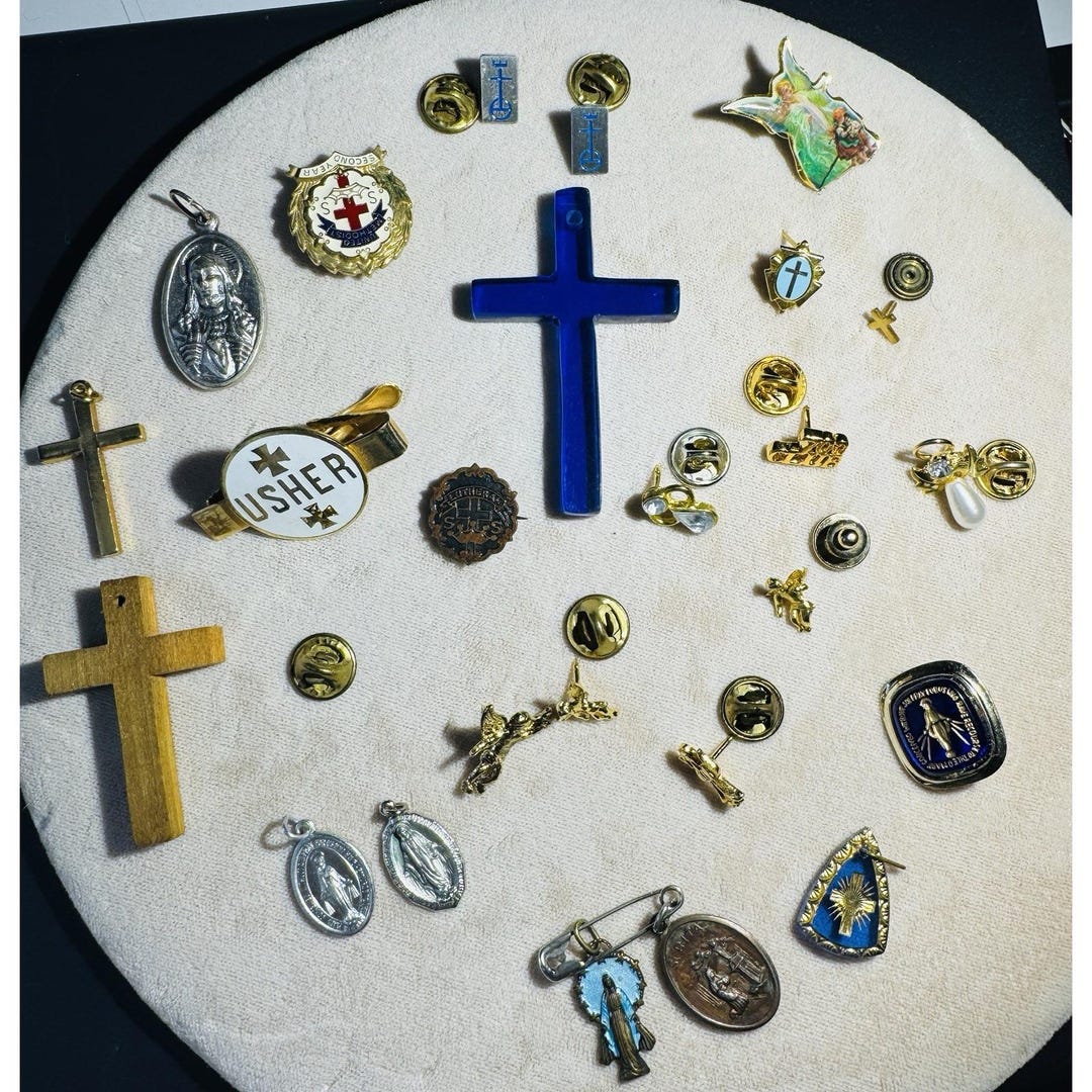 Vintage Lot of Religious Pins Crosses Usher Mary Jesus Lucite Mixed ...