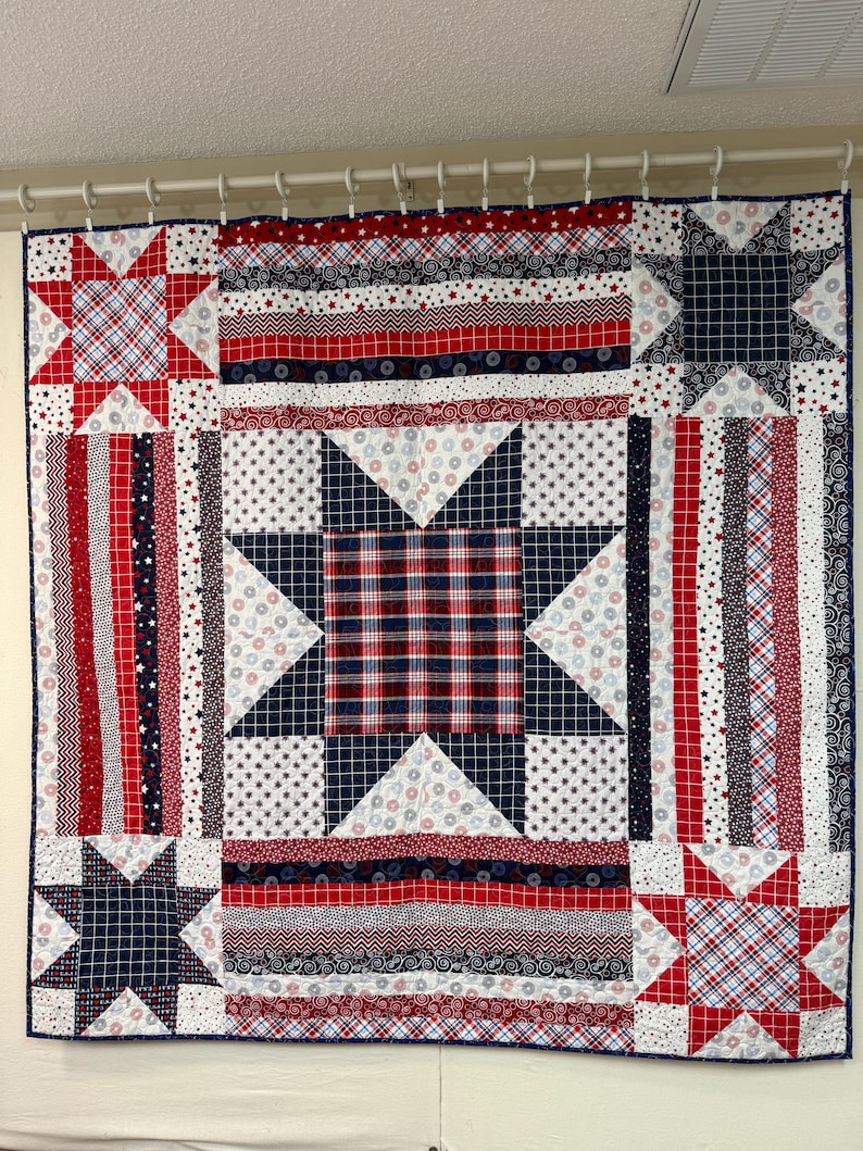 Americana Stars in Plaid Handmade Quilt Red White Blue Patriotic ...