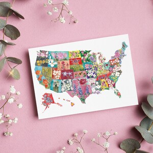 USA State Flower Map Art | Educational Wall Art | Watercolor Flower Map ...