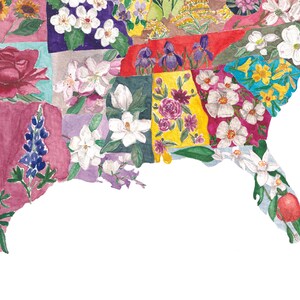 USA State Flower Map Art | Educational Wall Art | Watercolor Flower Map ...