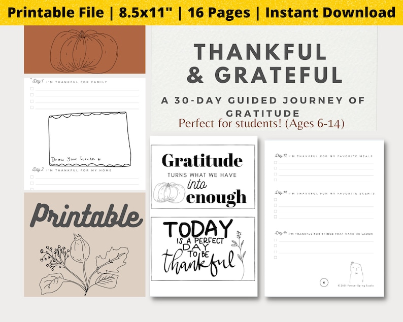 Gratitude Journal Printable | 30-day Thankful Journal for Kids ...