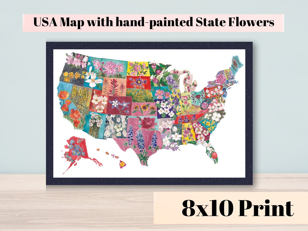 USA State Flower Map Art | Educational Wall Art | Watercolor Flower Map ...