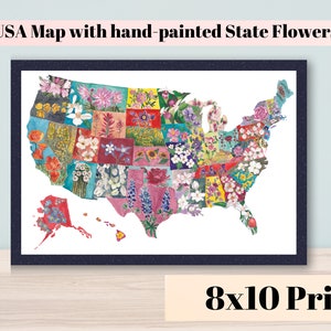USA State Flower Map Art | Educational Wall Art | Watercolor Flower Map ...