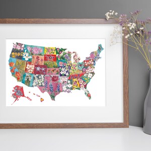 USA State Flower Map Art | Educational Wall Art | Watercolor Flower Map ...