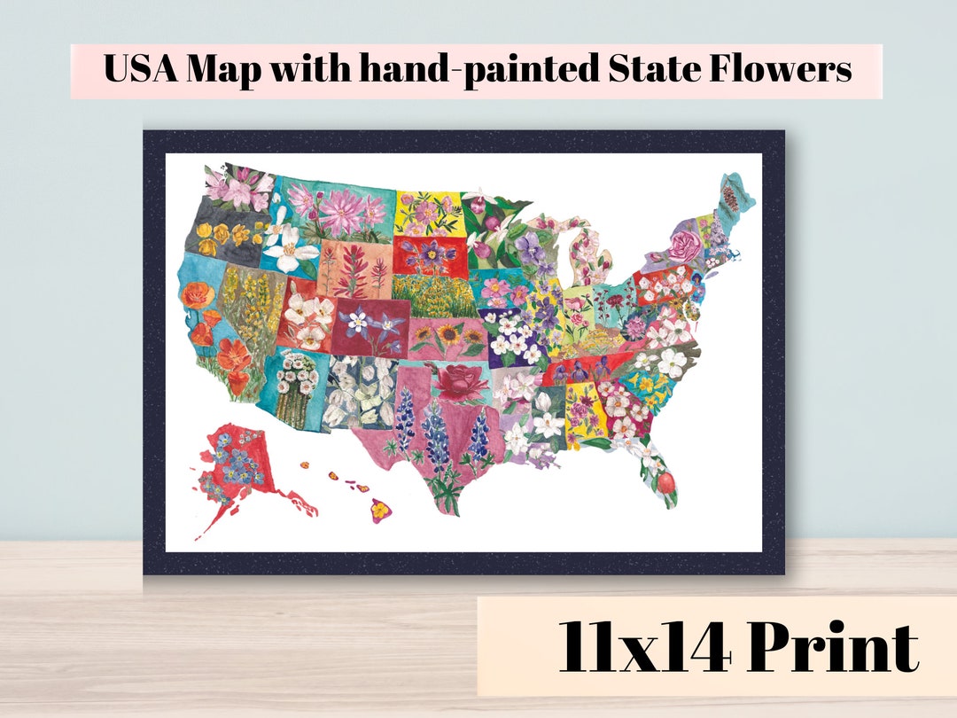 11x14 USA State Flower Map Art Watercolor Flower Map Cards - Etsy