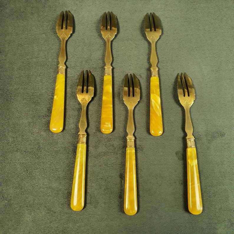 Set of 6 Brass Shell Style Dessert Forks With Amber Yellow Bakelite ...