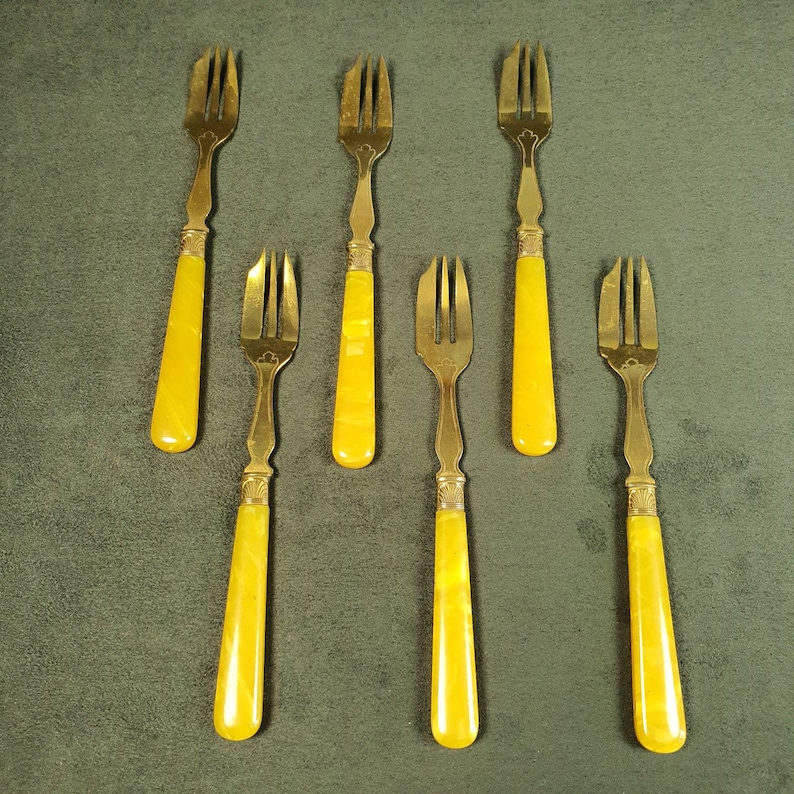 Set of 6 Brass Shell Style Dessert Forks With Amber Yellow Bakelite ...