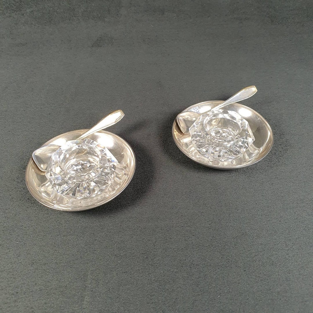 ERCUIS | 2 Small Crystal Salt Cellars on Silver Metal Cups ERCUIS ...