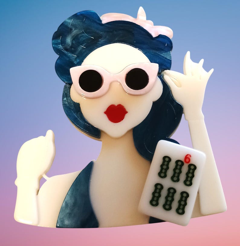 Mahjongg Lady Pin: Acrylic Tile & Colorful Hair - Etsy