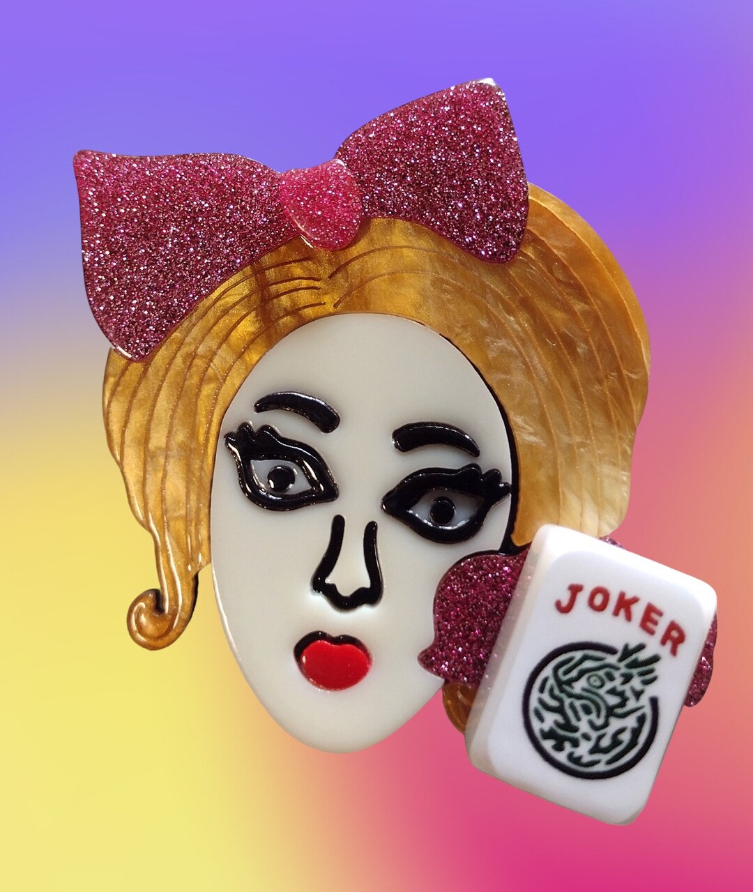 Wide-eyed Mahjongg Lady Lapel Pin With a Joker Tile - Etsy
