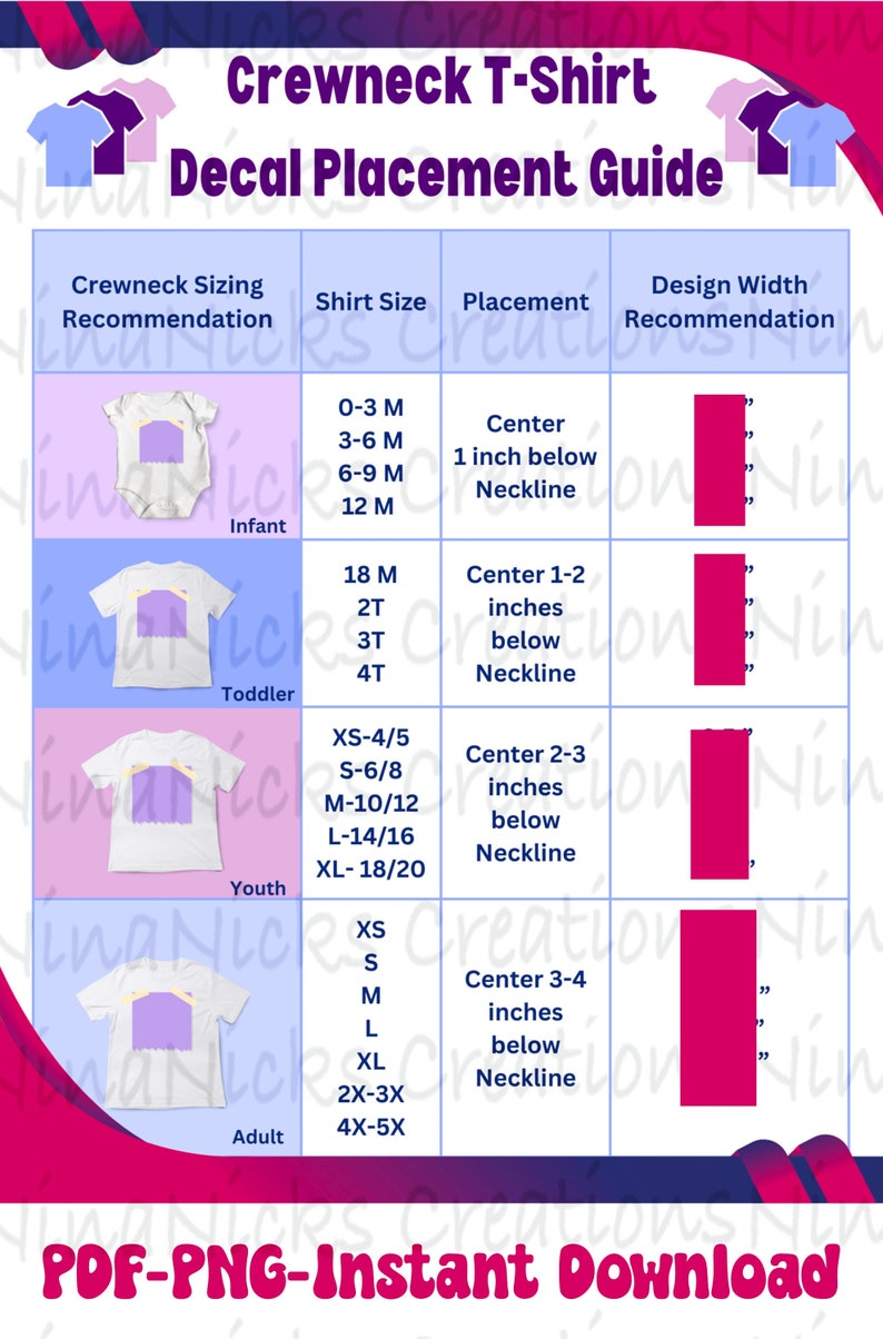 T-shirt Printable Decal Sizing and Placement Guide, PNG, & PDF - Etsy