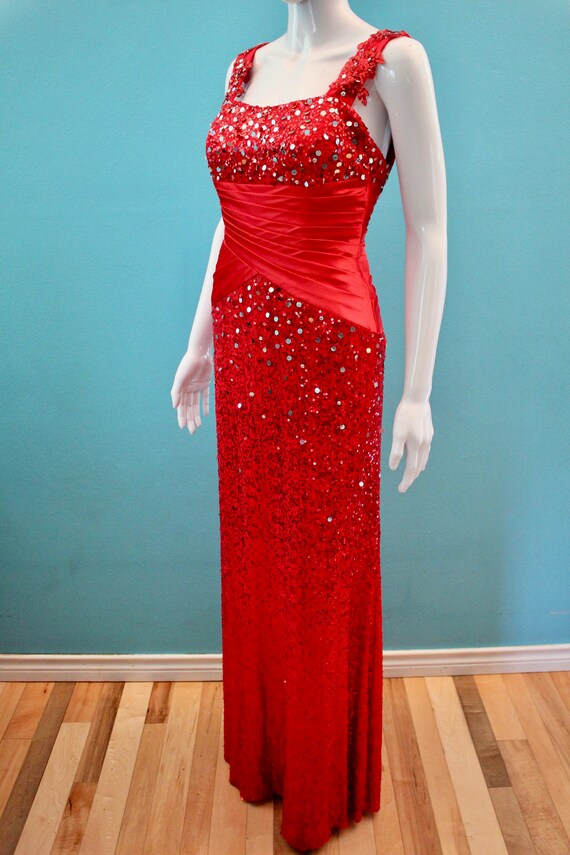 90's Party Dress Cherry Red 90's Sequined Gown 90's P… - Gem