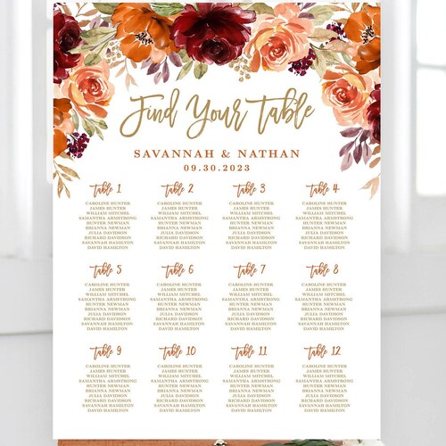 Fall Wedding Seating Chart Template 18x24 & - Etsy
