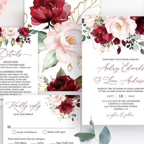Burgundy Wedding Invitation Set Printable Wedding Invitation - Etsy