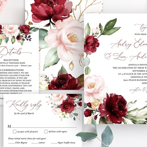 Burgundy Floral Wedding Invitation Template Set Printable - Etsy