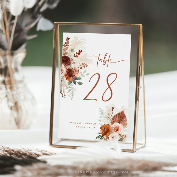 Pampas Wedding Table Numbers Signs, Printable Wedding Table Numbers ...