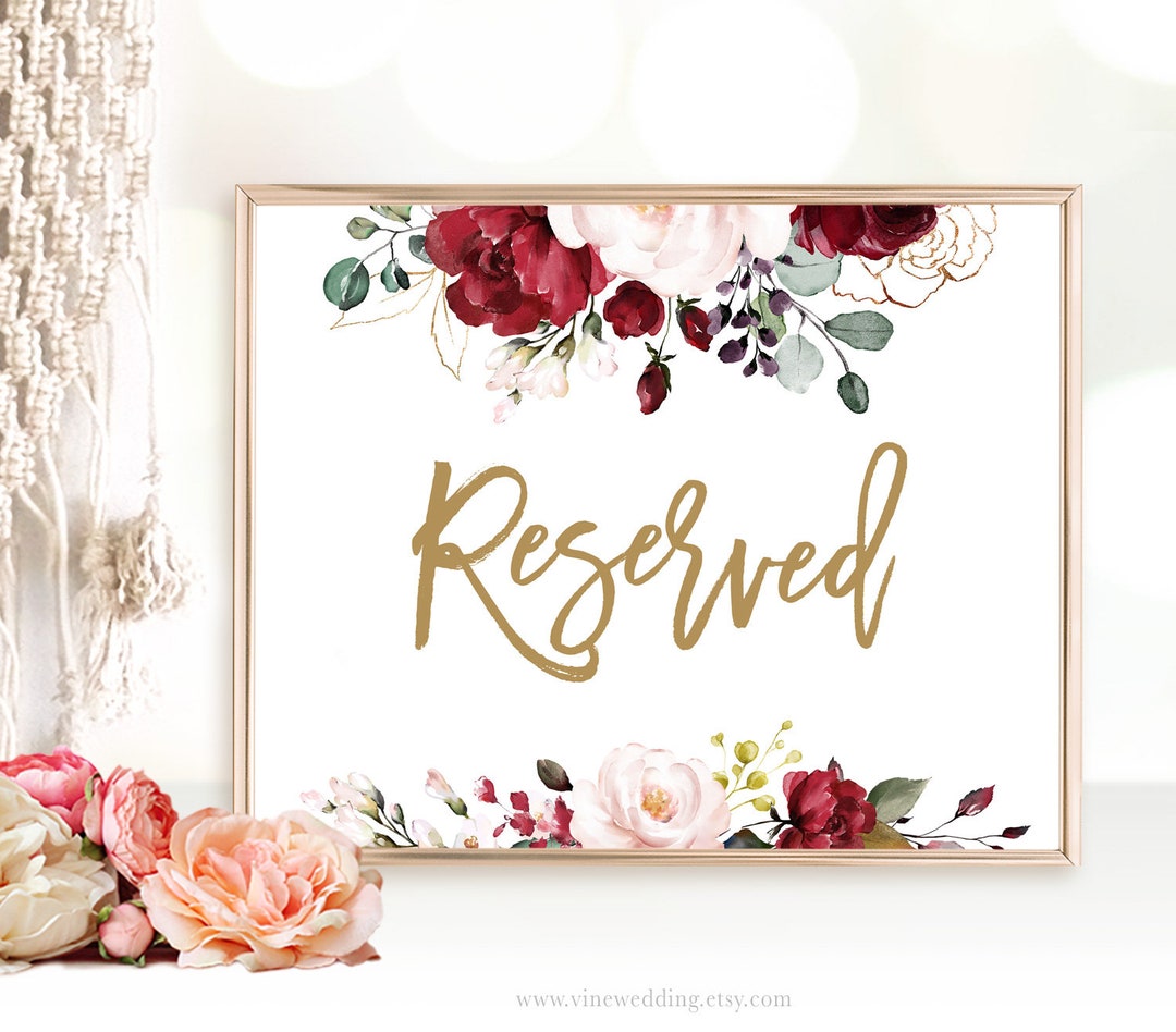 Burgundy Pink Floral Reserved Sign, Printable Reserved Sign, 5x7 and ...
