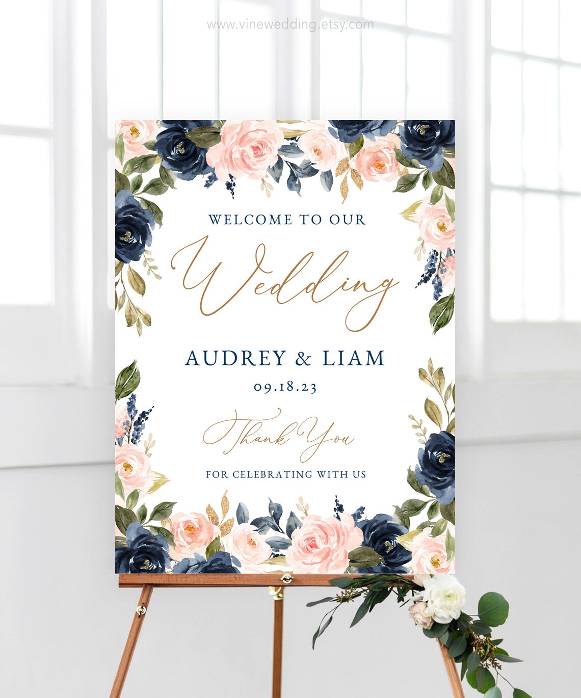 Navy and Blush Wedding Welcome Sign, Editable Wedding Welcome Sign ...