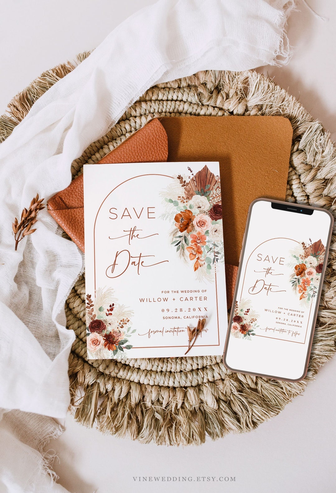 Pampas Save the Date, Boho Save the Date Template, Printable Save the ...