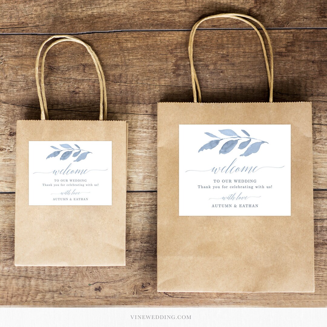 Dusty Blue Leaves Welcome Bag Label, Printable Wedding Welcome Bag or ...