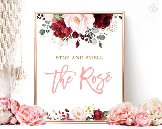 Stop and Smell the Rosé Sign Printable Rosé Wine Bar Sign | Etsy