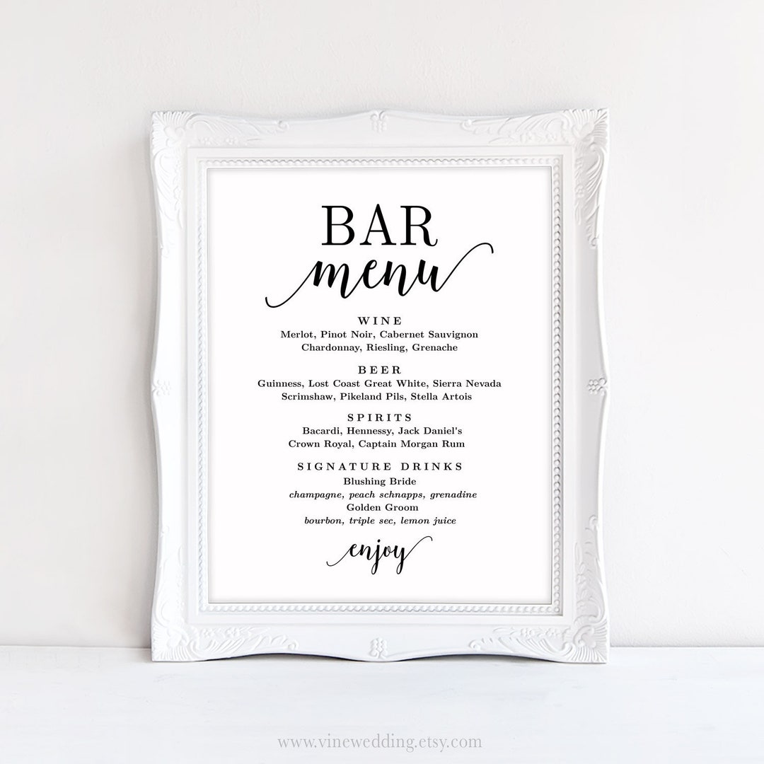 Bar Menu Sign, Printable Bar Menu Sign Template, Wedding Bar Menu Sign ...