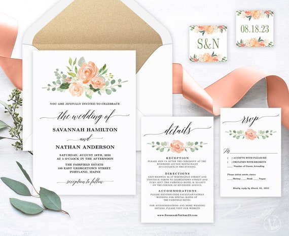 Peach Floral Wedding Invitation Set Printable Wedding | Etsy