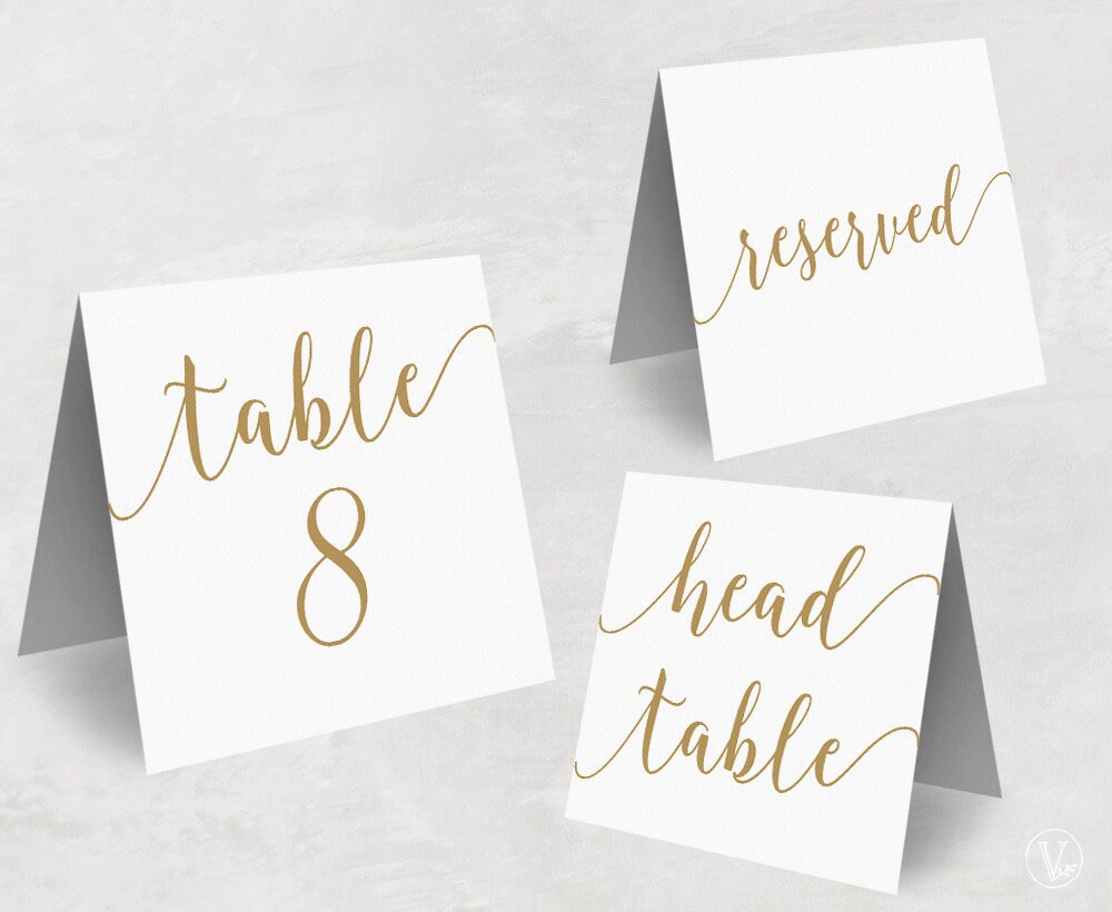 Gold Wedding Table Number Template, Printable Tent Style Table Numbers ...