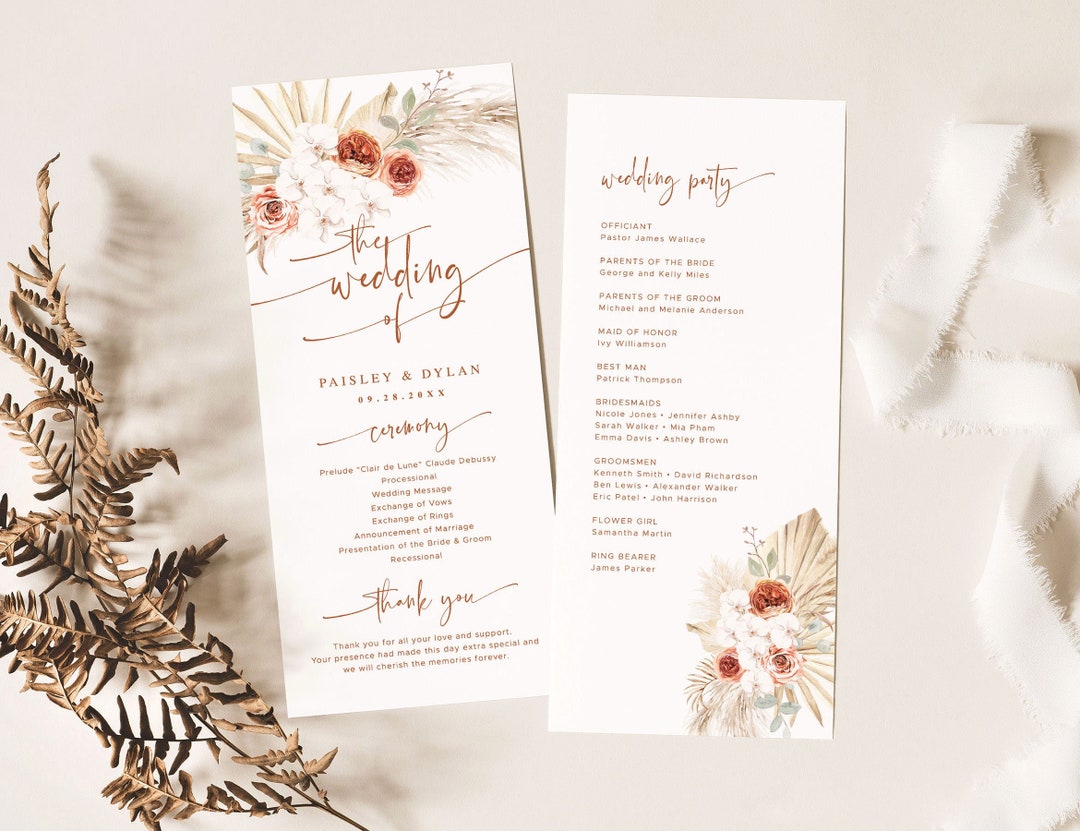 Wedding Program Template, Boho Wedding Program, Editable, Printable ...
