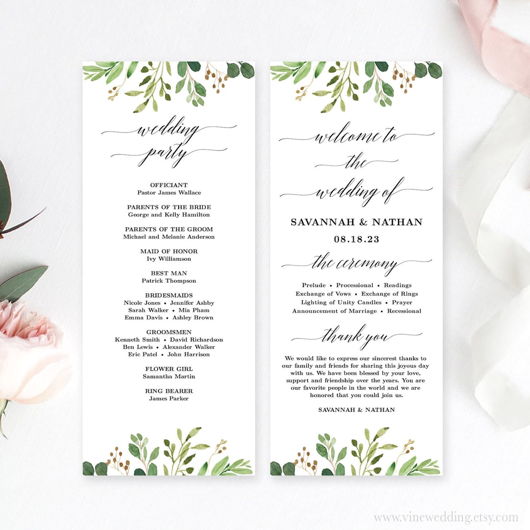 Printable Wedding Program Template, Rustic Greenery Wedding Programs ...