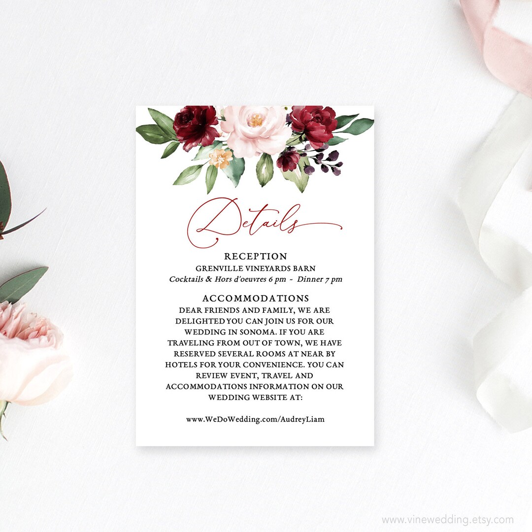 Wedding Details Card Template, Printable Wedding Insert Card, Editable ...
