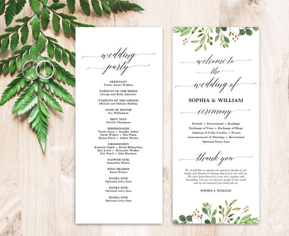 Printable wedding program template Rustic Greenery Wedding
