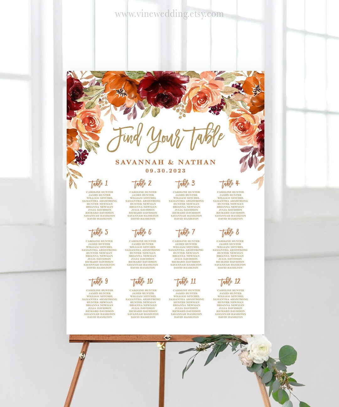 Fall Wedding Seating Chart Sign, Printable Seating Chart Sign Template ...