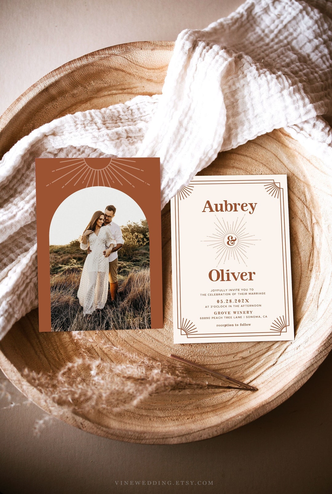 Modern Boho Wedding Invitation Set, Retro Wedding Invitation Template ...