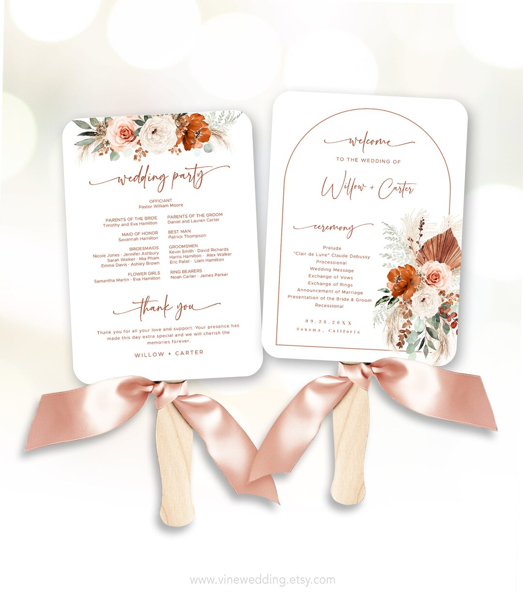 Editable Fan Wedding Program Template, Boho Wedding Program, Printable ...