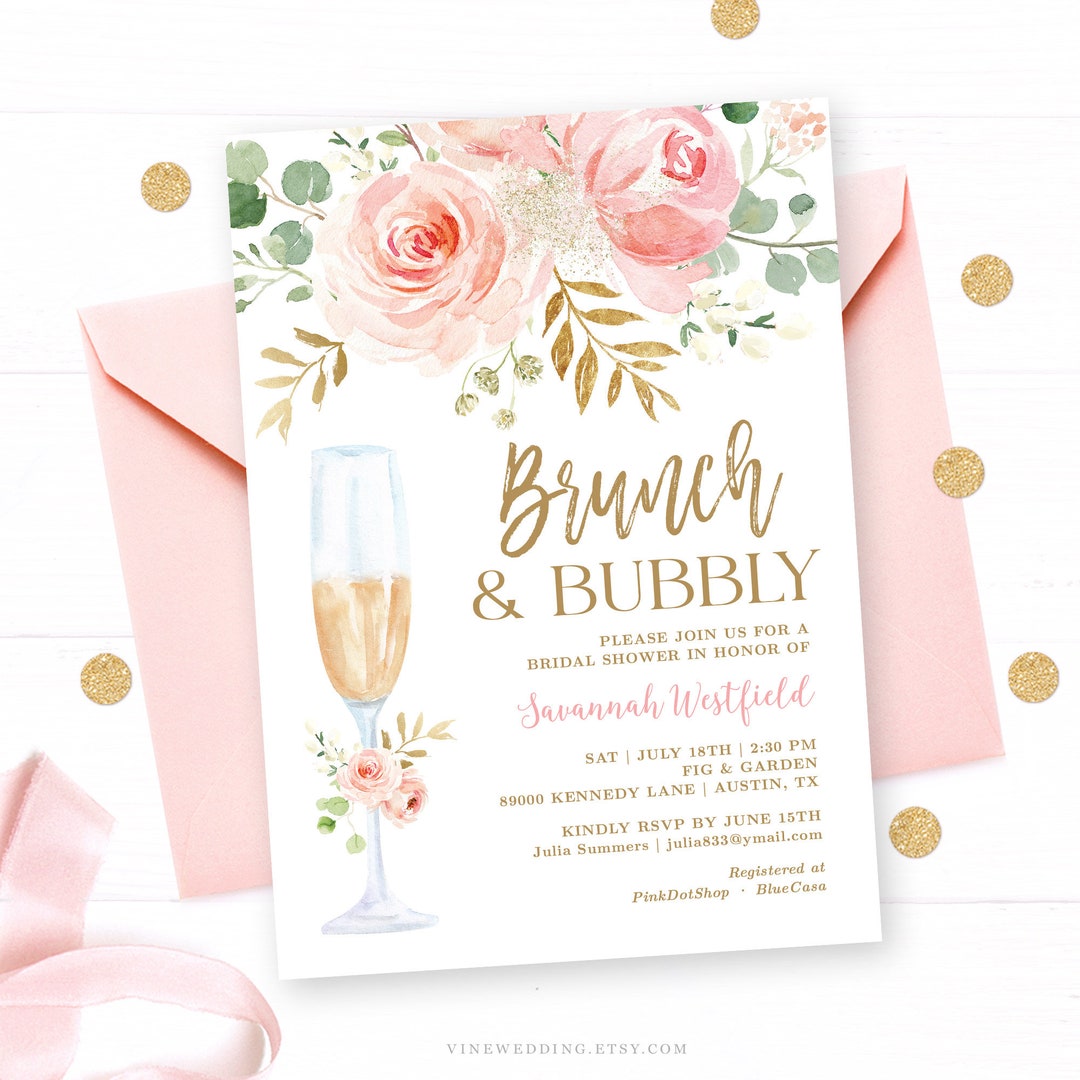 Brunch & Bubbly Invitation Template, Editable, Printable Bridal Shower Invitation Card, Blush ...