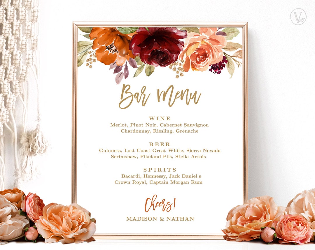Bar Menu Sign, Editable Fall Signature Bar Menu Template, Printable ...
