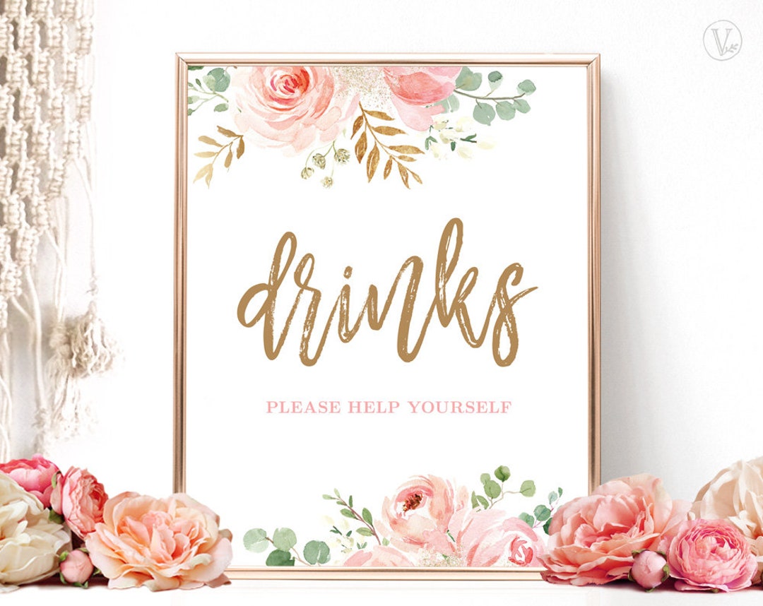 Blush Pink Floral Drinks Sign, Printable Drinks Sign, Bridal Shower ...