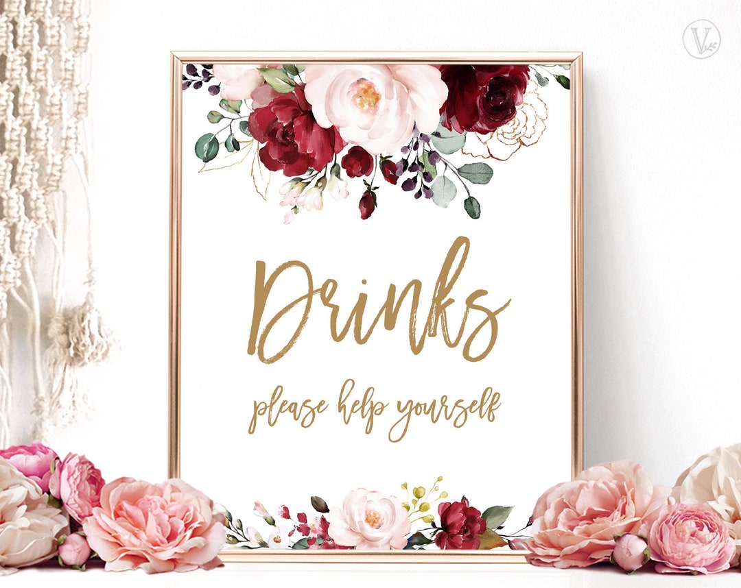 Drinks Sign, Printable Drinks Sign, Bridal Shower Drinks Sign, Burgundy ...