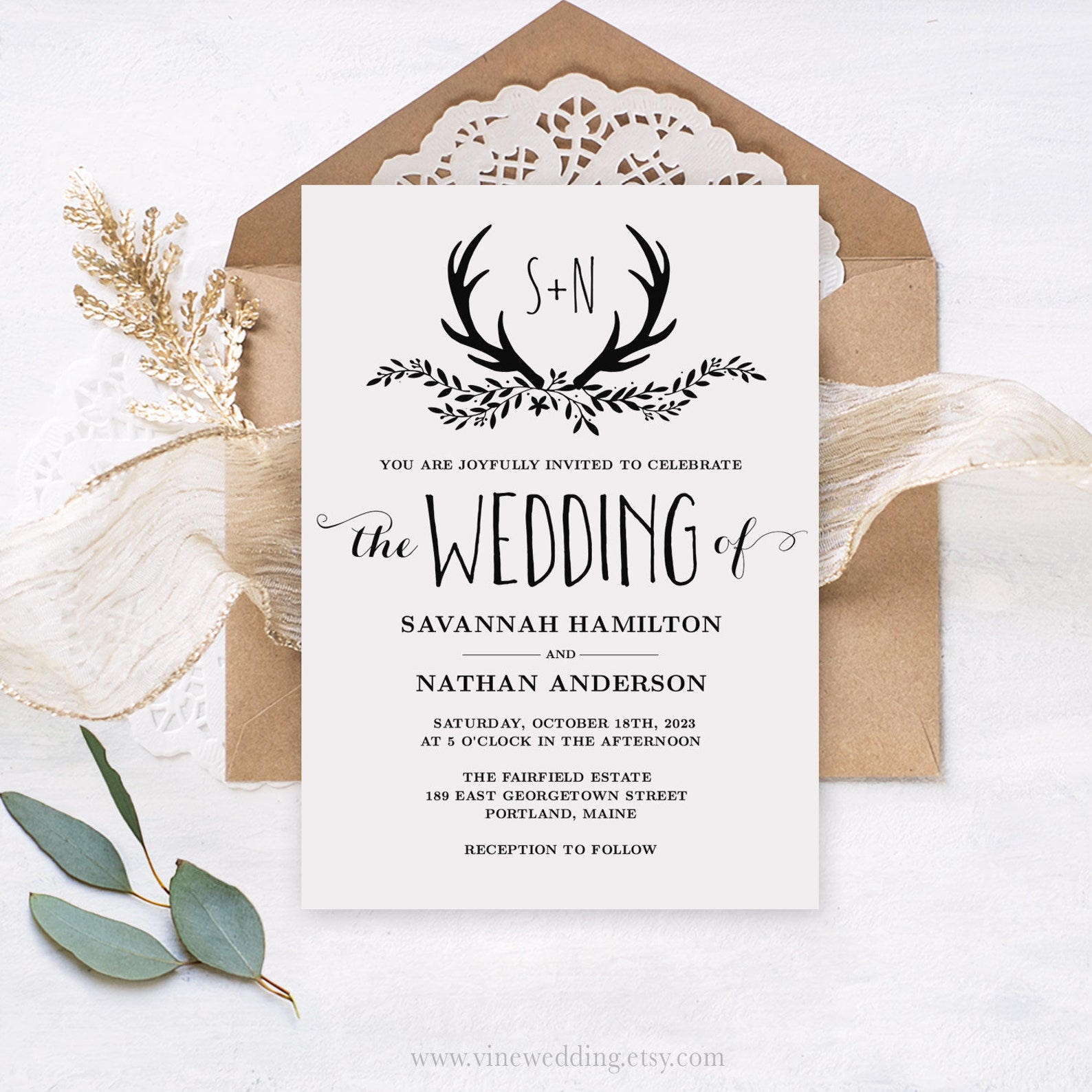 Rustic Antler Wedding Invitation, Editable Rustic Wedding Invitation ...