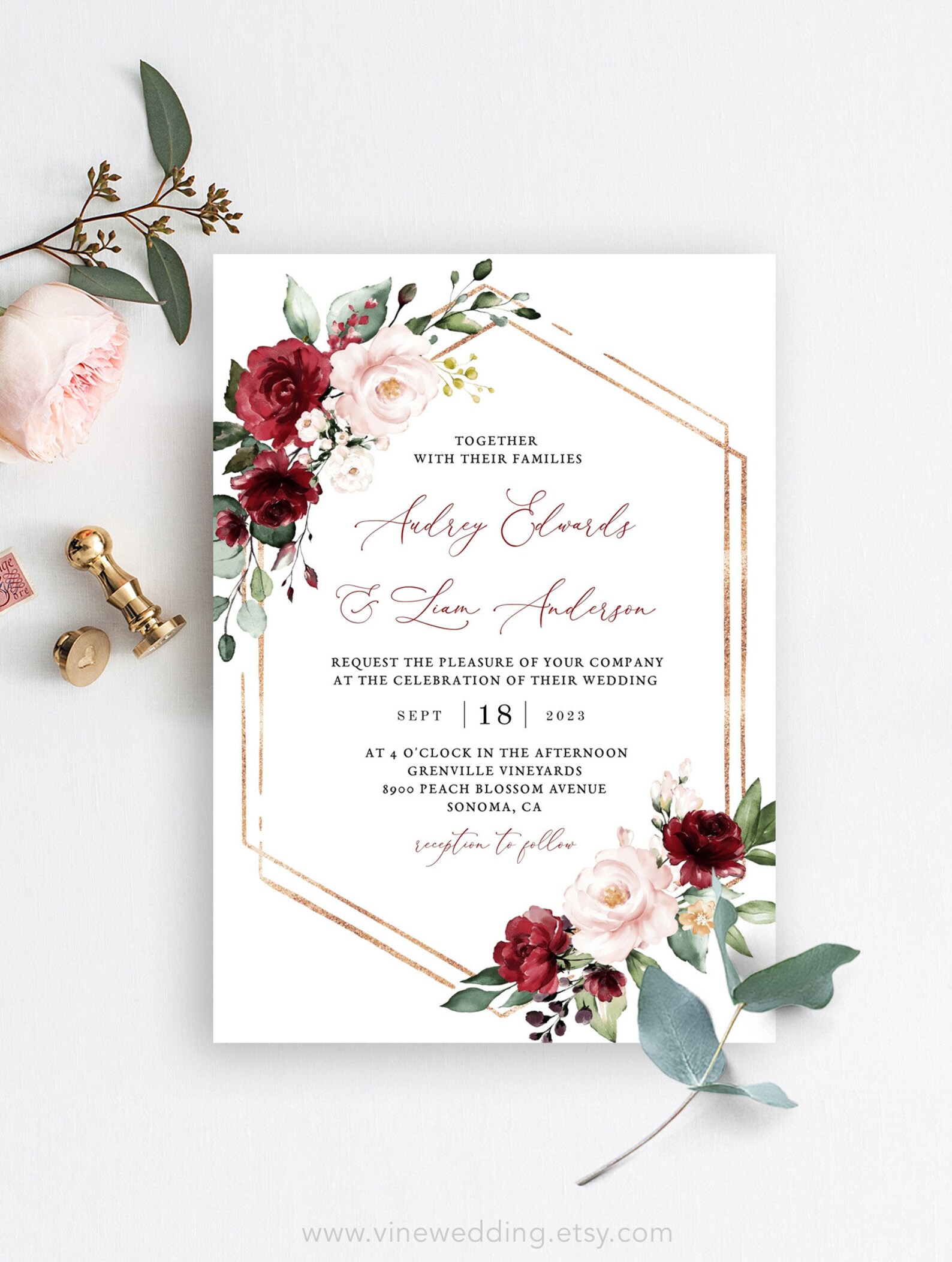 Burgundy Wedding Invitation Printable Wedding Invitation - Etsy