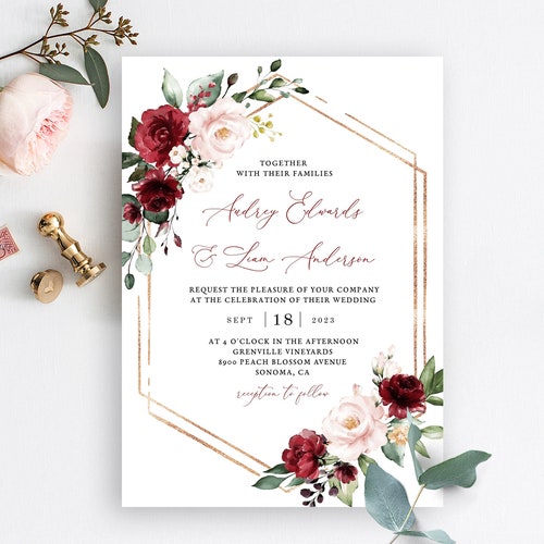 Burgundy Wedding Invitation Template Floral Wedding - Etsy