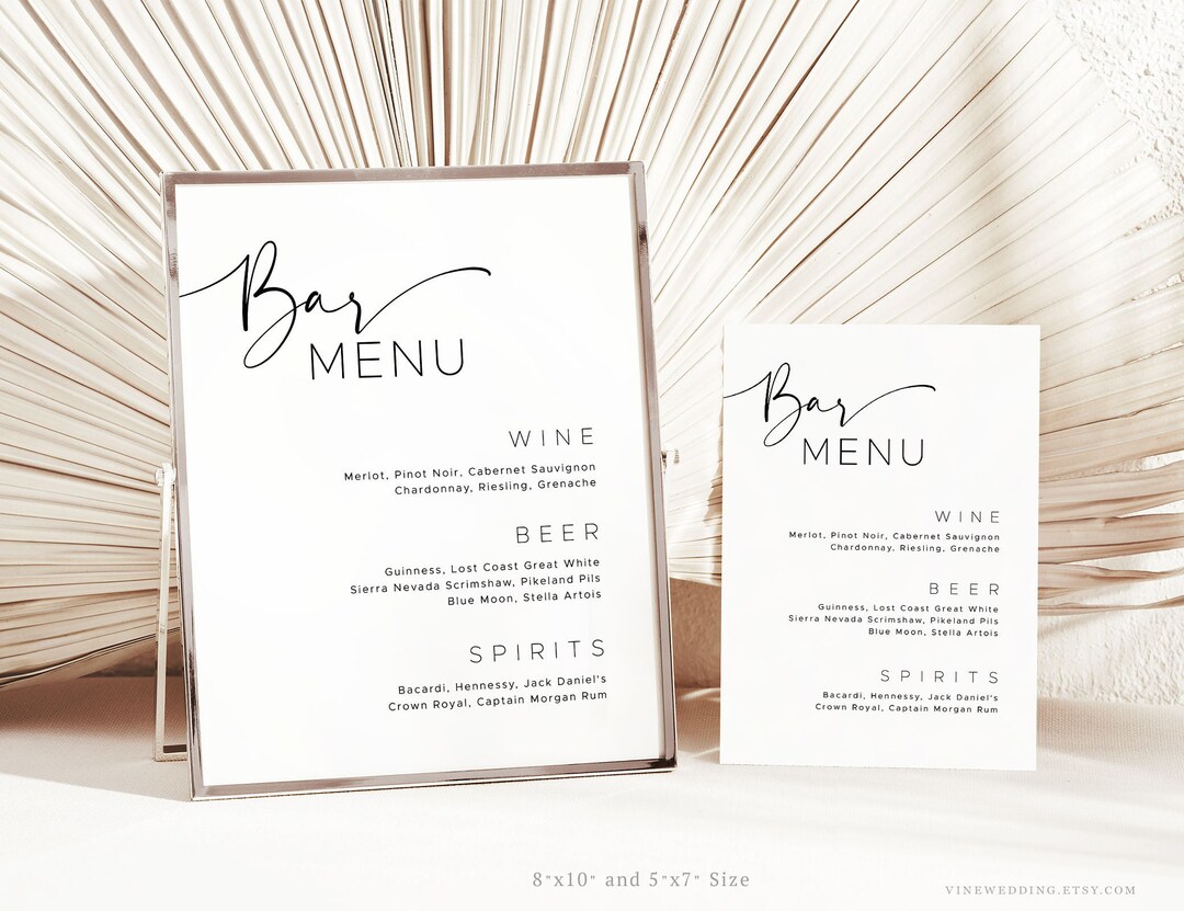 Wedding Bar Menu Sign Template, Editable Wedding Bar Menu Sign ...
