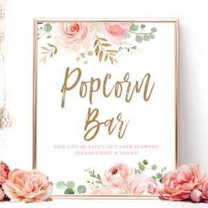Blush Pink Floral Popcorn Bar Sign, Printable Popcorn Bar Sign, Bridal ...