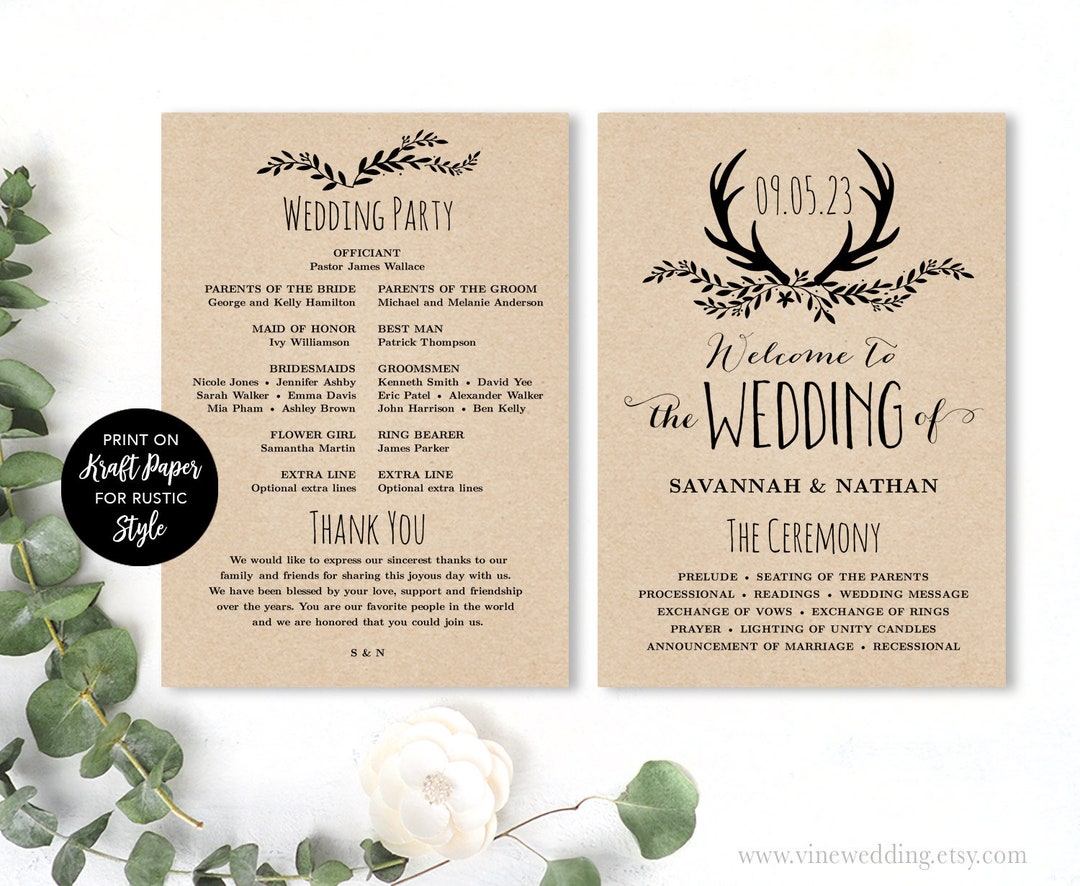 Editable Wedding Program Template, Printable Rustic Wedding Program, 5x7, DIY, Kraft, Floral ...